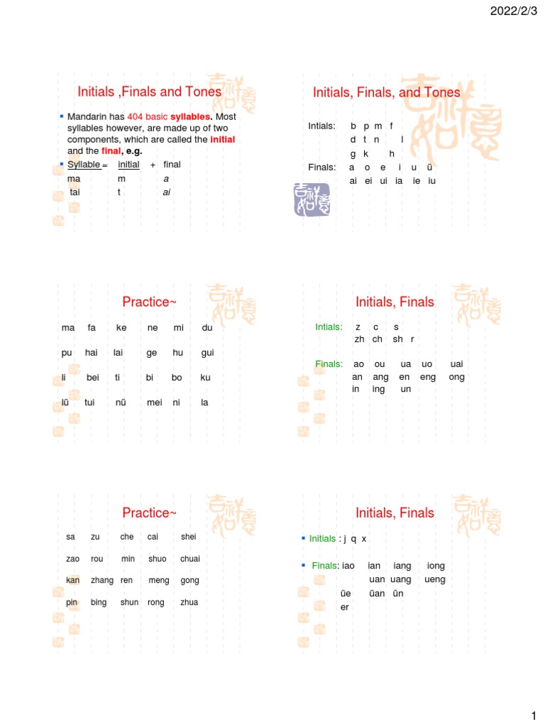 Initials, Finals and Tones Initials, Finals, and Tones: Initial Final ...