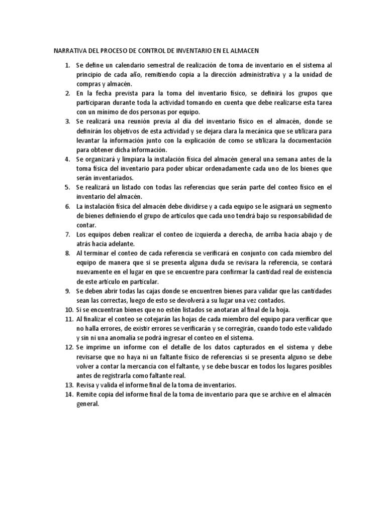 Narrativa Del Proceso de Control de Inventario en El Almacen | PDF ...