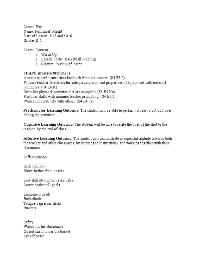 Basketball Shooting Lesson Plan Student Teaching | PDF | Lesson Plan ...