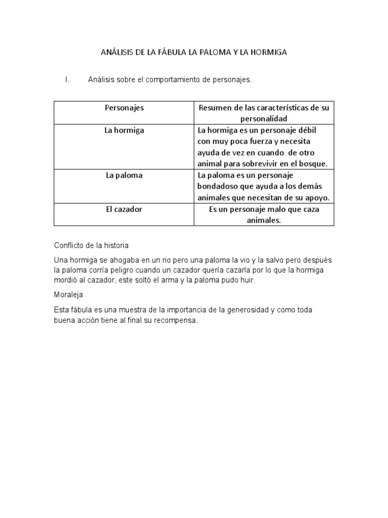 Análisis de La Fábula La Paloma y La Hormiga | PDF | Fábula