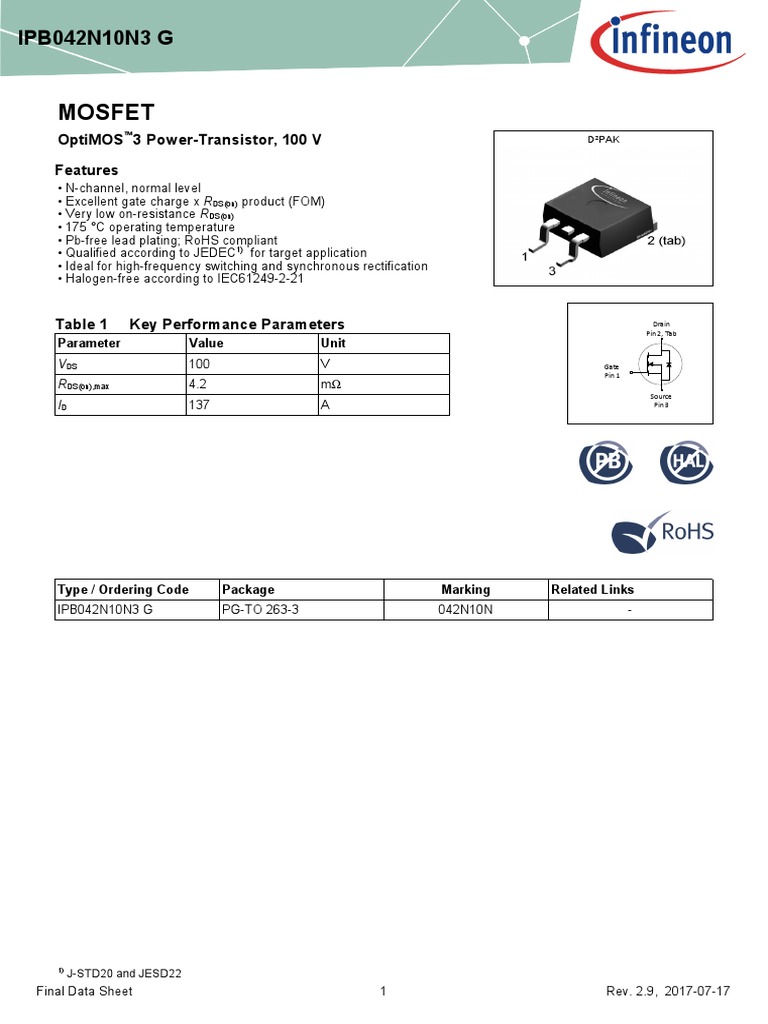Infineon-IPB042N10N3 G-DS-v02 - 09-EN | PDF | Diode | Field Effect Transistor