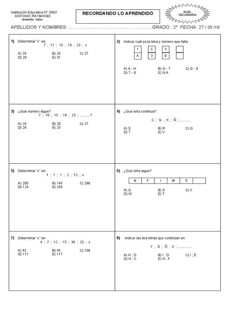 Ficha de Reforzamiento Progresiones | PDF