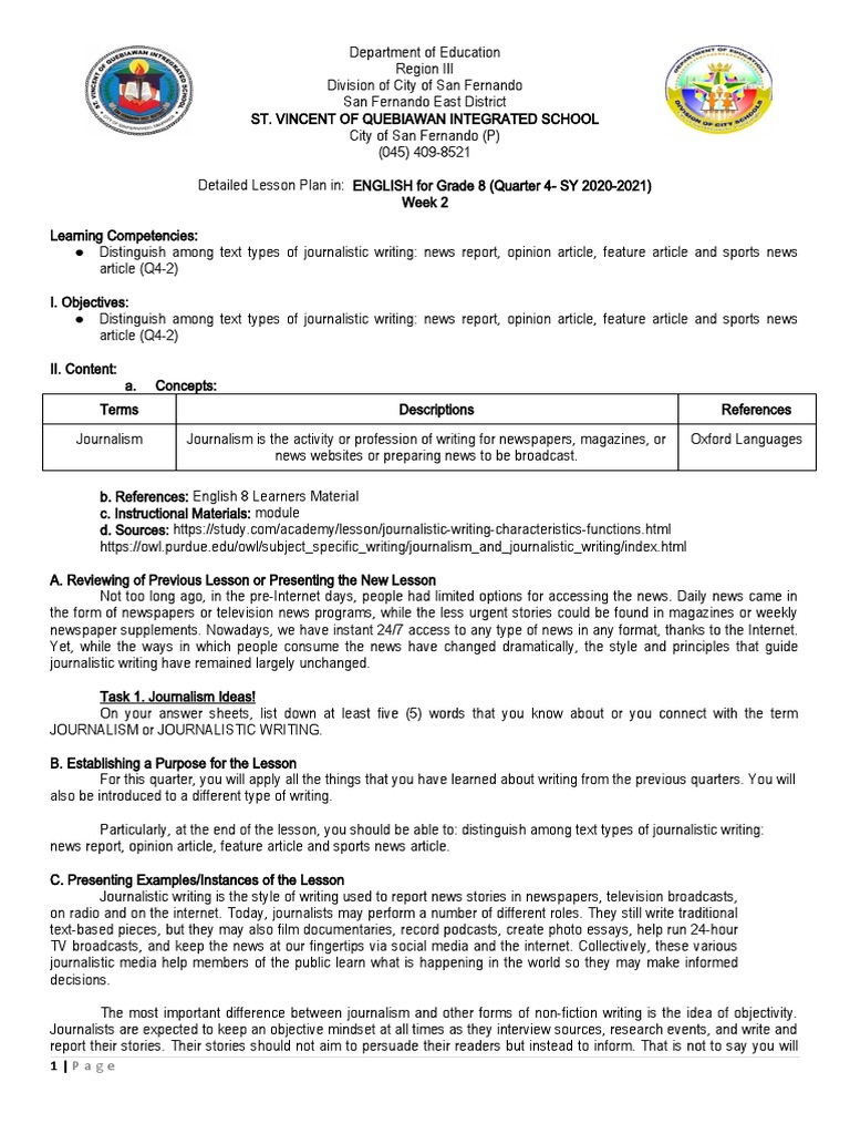 English 8 DLP q4 Week 2 | PDF | News | Journalism