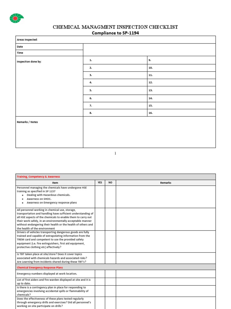 SP 1194ChemicalManagmentInspectionCheckList | PDF | Dangerous Goods ...