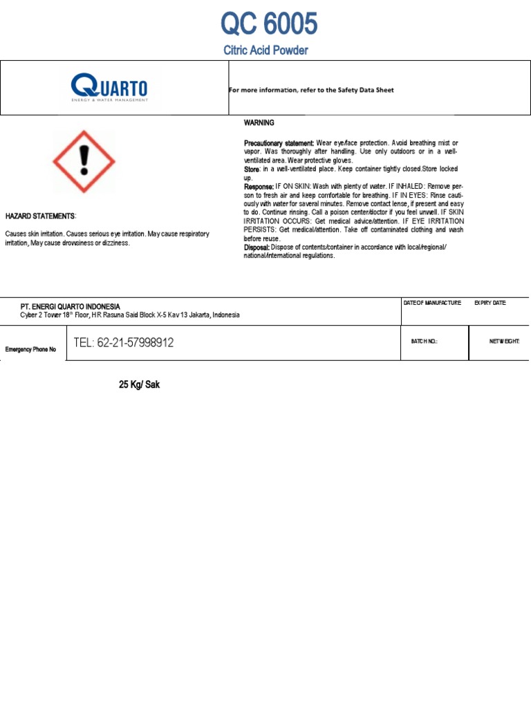 Citric Acid Powder: For More Information, Refer To The Safety Data ...