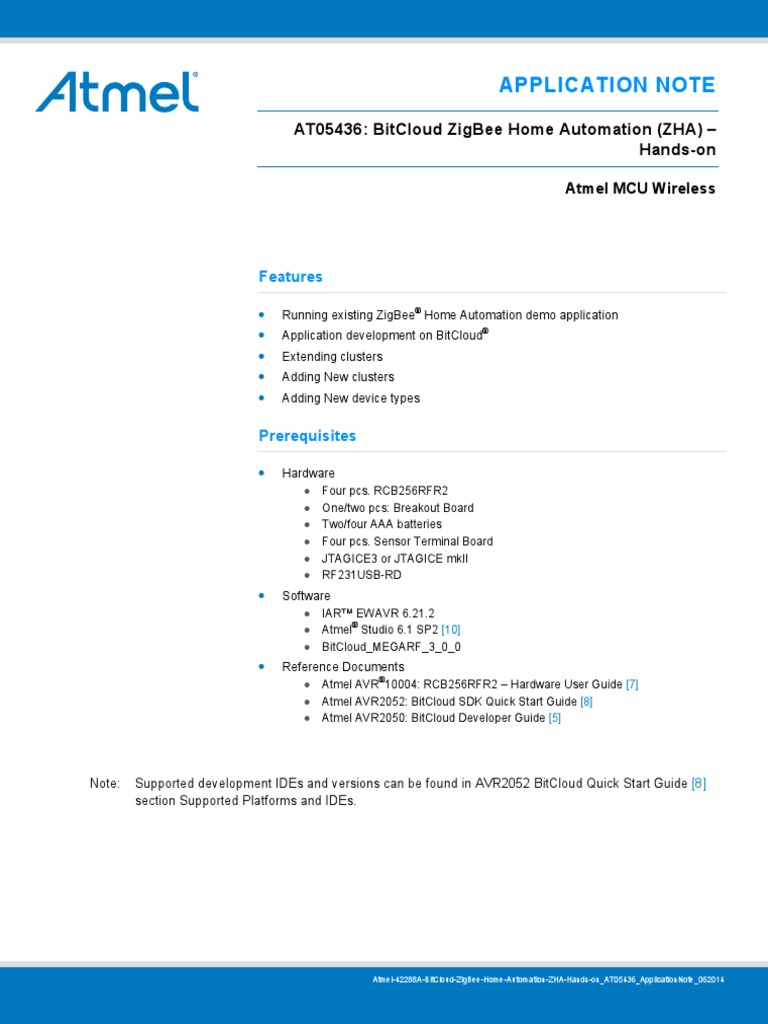 Atmel 42288 BitCloud ZigBee Home Automation ZHA Hands On AT05436 ApplicationNote | PDF