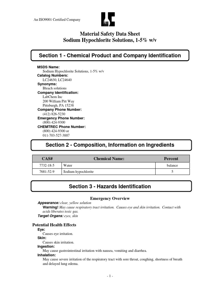 MSDS For 1-5% Hypo Solution | Download Free PDF | Water | Chemistry