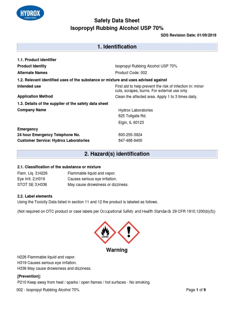 MSDS For 70% Isopropyl Alcohol | PDF | Toxicity | Chemistry