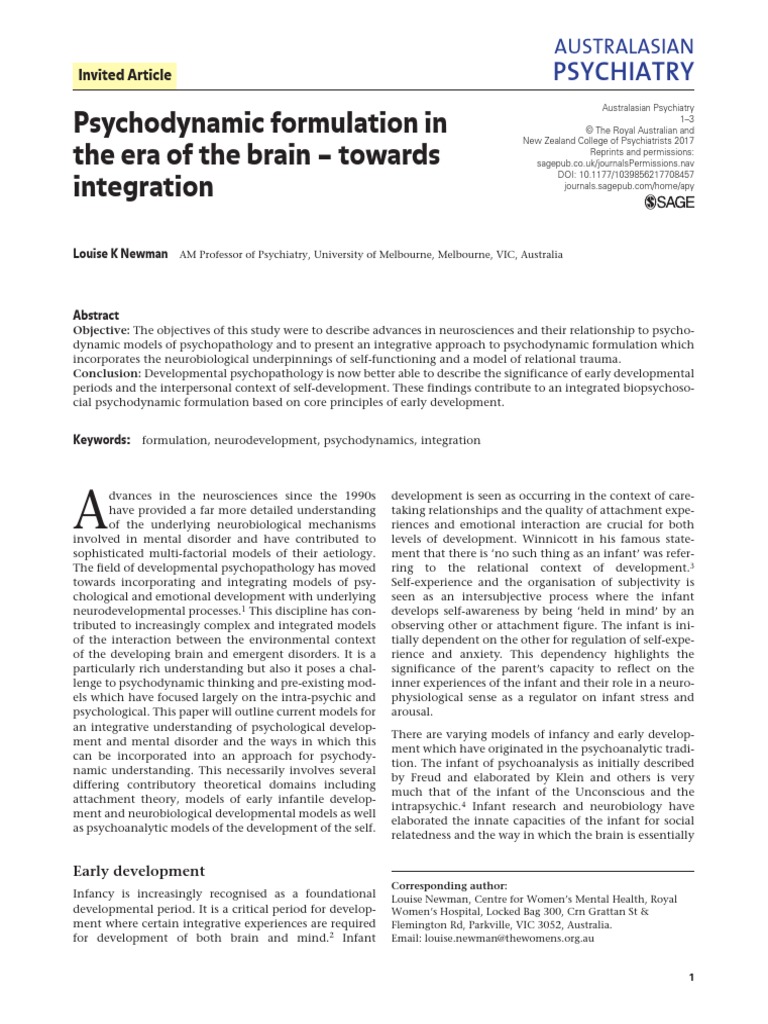 Psychodynamic Formulation in The Era of The Brain - Towards Integration | PDF | Attachment ...