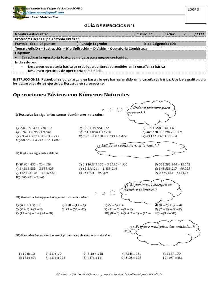 1 - Guía Operatoria Básica 1°A-D | PDF | Matemáticas | Matemática Elemental