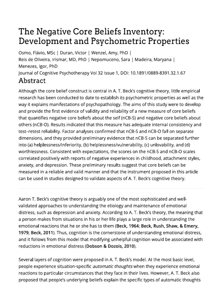 Negative Core Beliefs Inventory | PDF