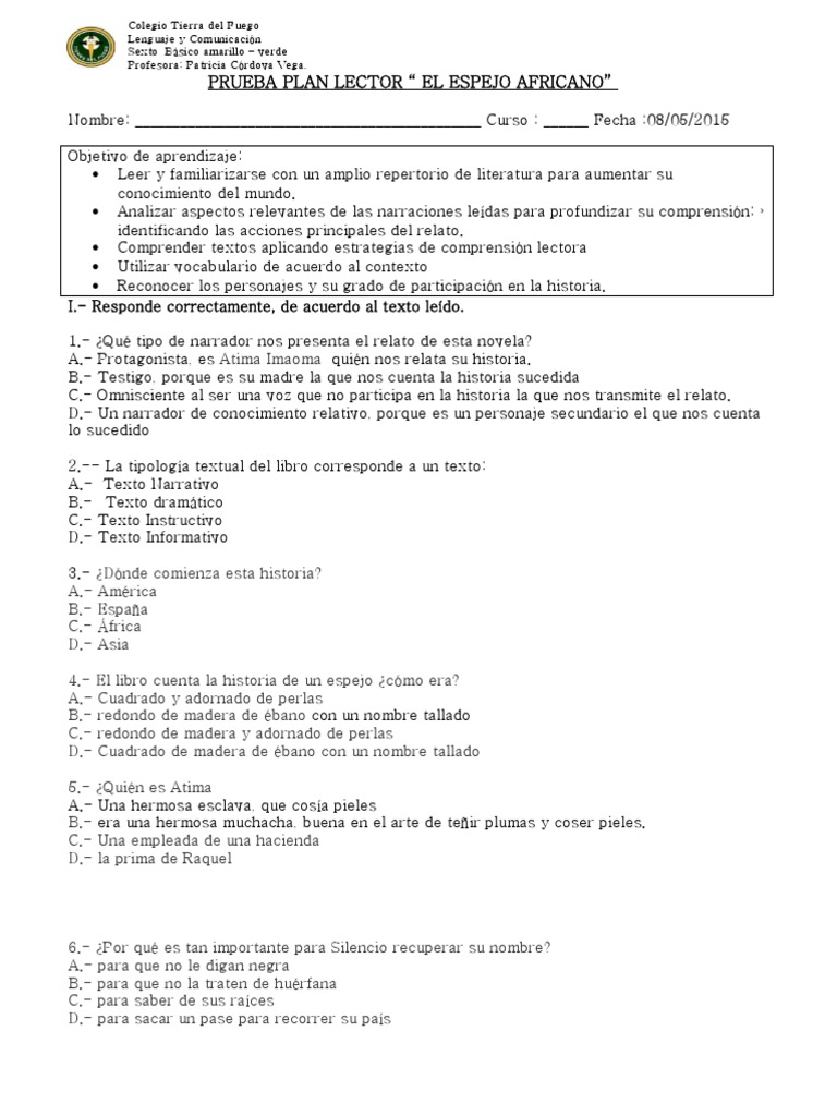 Prueba Lectora: El Espejo Africano | PDF | Narración