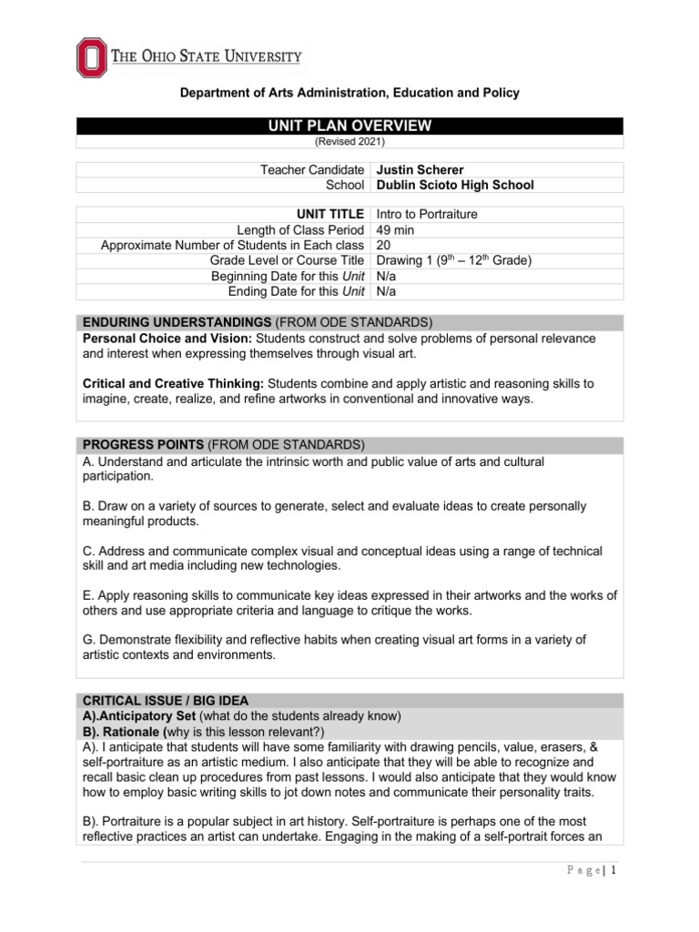 Drawing 1 Portrait Unit Plan | PDF | Drawing | Classroom