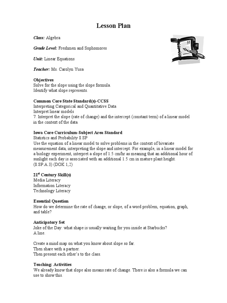 Lesson Plan: Class: Algebra Grade Level: Freshmen and Sophomores Unit ...