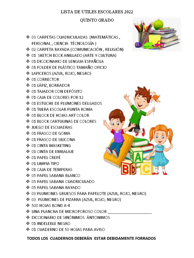 Lista De útiles Escolares 5to Grado