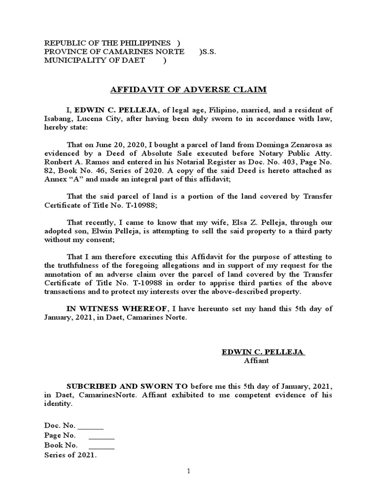 Affidavit of Adverse Claim | PDF | Politics | Social Science