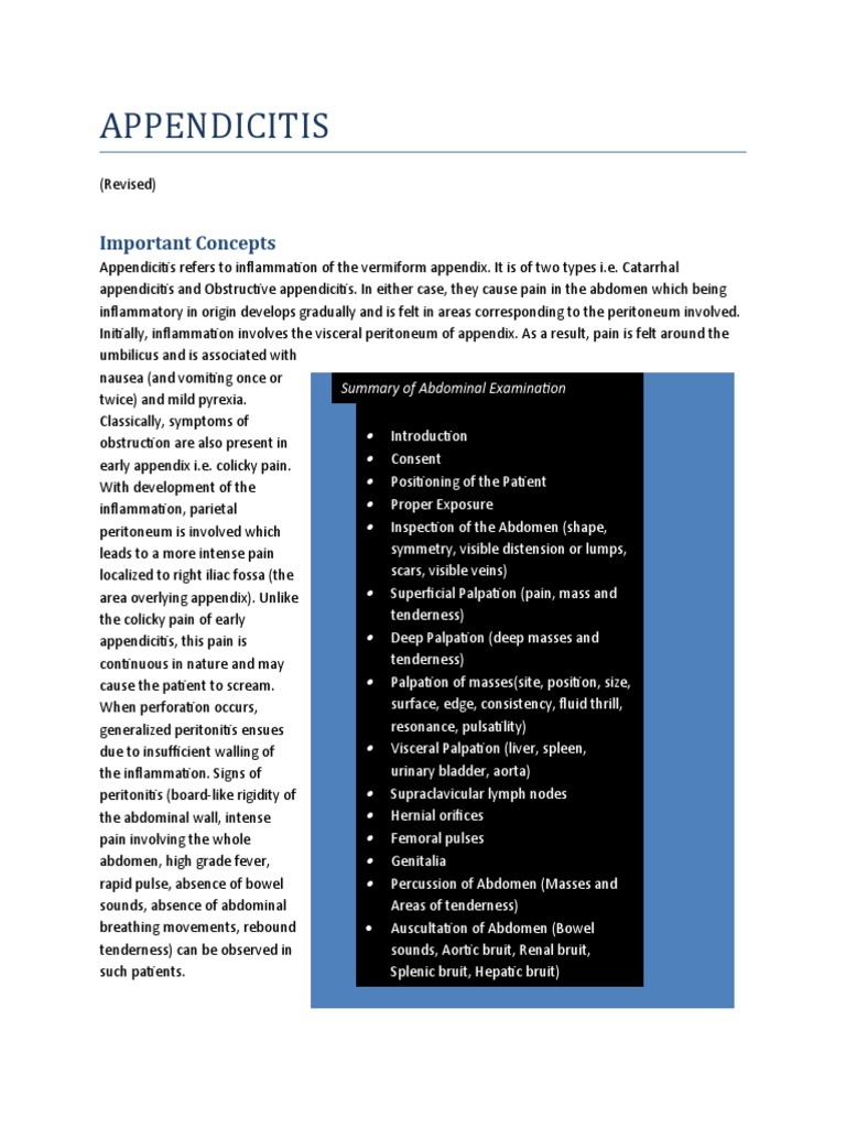 Appendicitis: Examination and History Summary | PDF | Abdomen ...