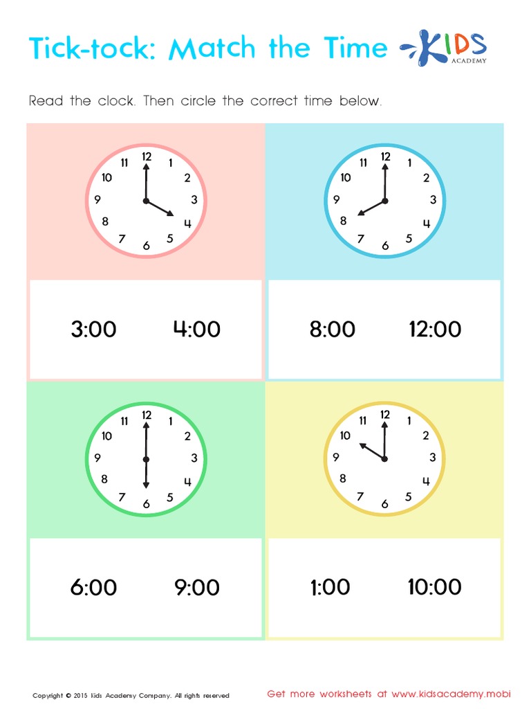 Tick-Tock: Match The Time: Read The Clock. Then Circle The Correct Time ...