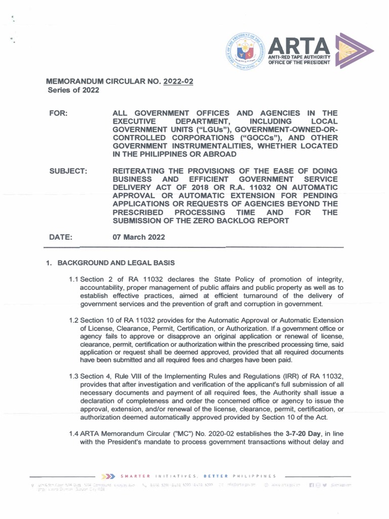 ARTA MC No. 2022-02: Automatic Approvals | PDF | Justice | Crime & Violence