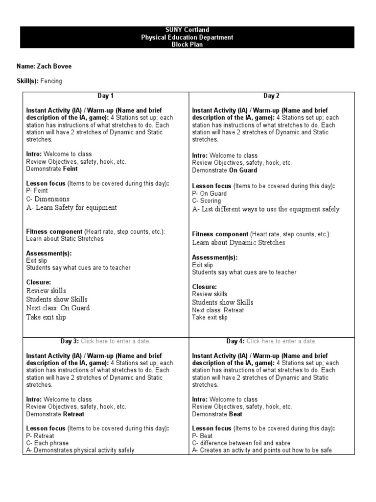 Fencing Skills Block Plan | PDF | Education Theory | Learning