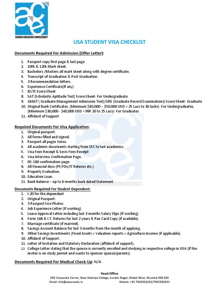 USA Student Visa Document Checklist | PDF | University And College ...