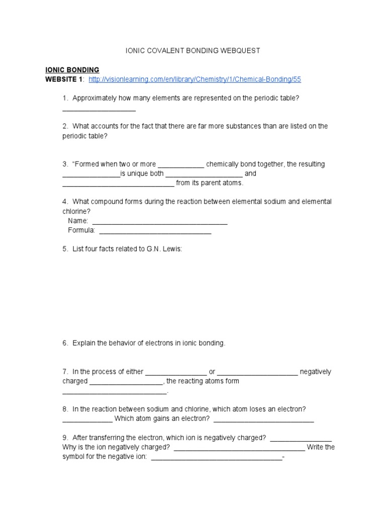Ionic Covalent Bonding Web Quest | PDF | Chemical Bond | Ion