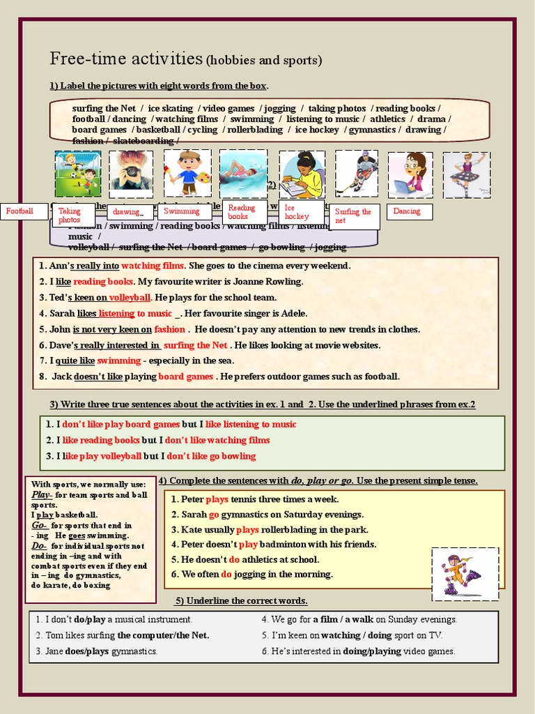 Hobbies and Sports Worksheet Activities | PDF | Sports | Leisure