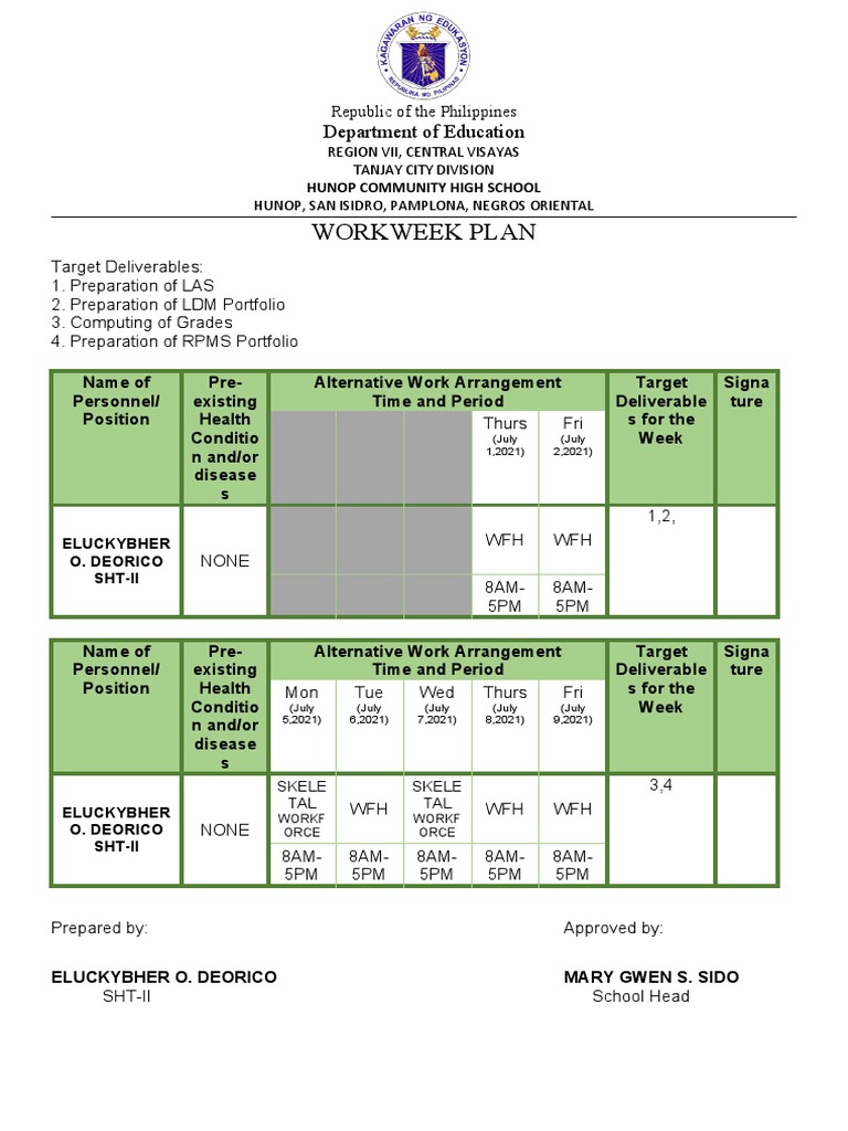 Workweek Plan: Department of Education | PDF