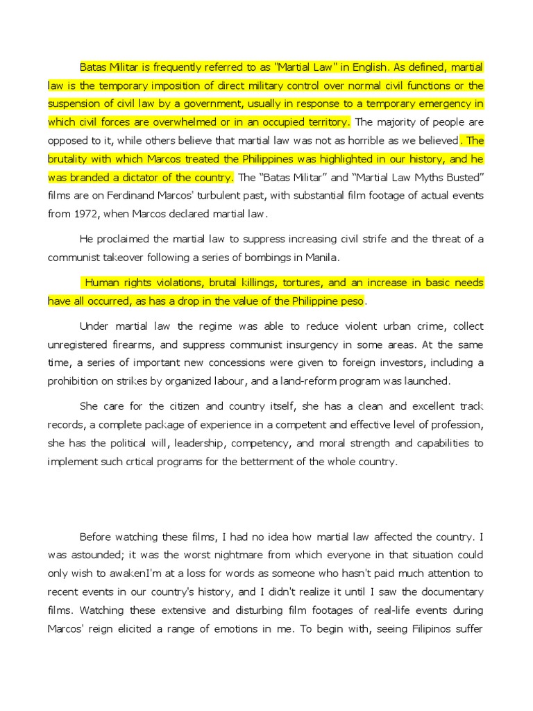 Batas Militar Reflection Paper | PDF | Martial Law