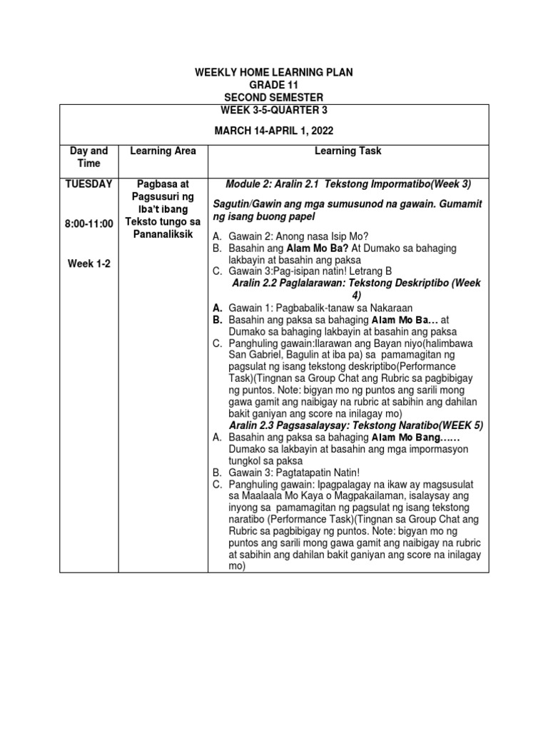 Module 2-Weekly Home Learning Plan-Week 3-5-Pagbasa at Pagsusuri-Fil 11-3RD Q | PDF