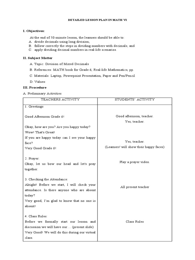 Detailed Lesson Plan in Math Vi | PDF | Division (Mathematics) | Cognition