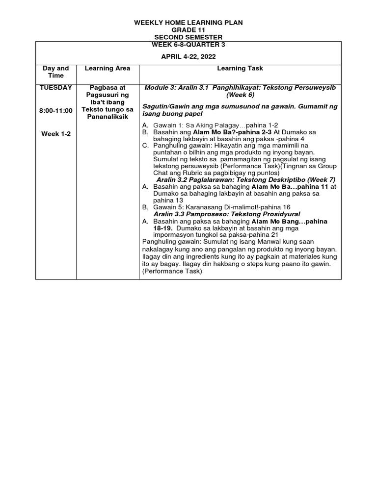 Module 3-Weekly Home Learning Plan-Week 6-8-Pagbasa at Pagsusuri-Fil11 ...