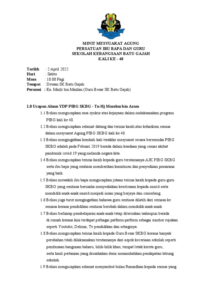 MINIT MESYUARAT AGUNG PIBG SKBG Ke 48 | PDF
