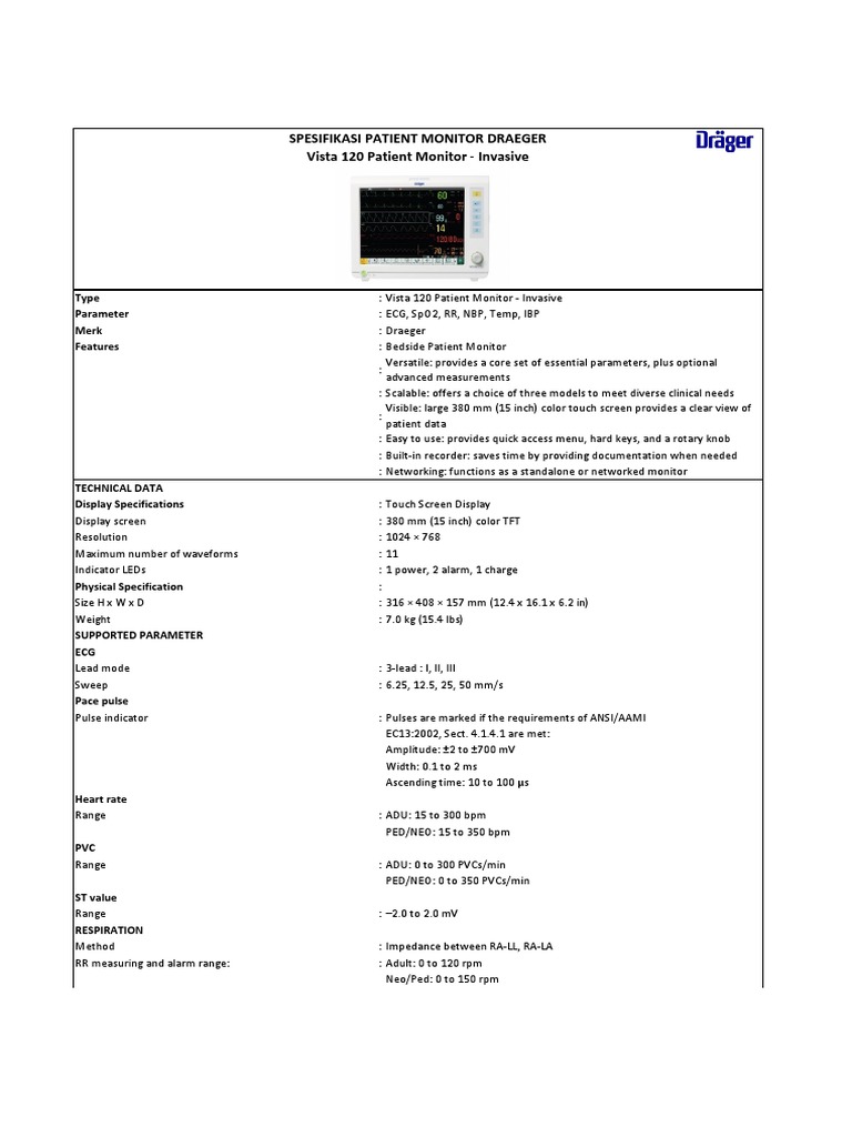 Spesifikasi Vista 120 Patient Monitor - Invasive | PDF | Blood Pressure ...