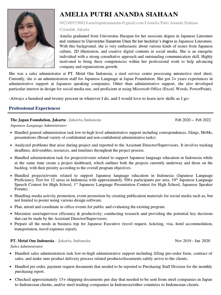 (CV) Amelia Putri Ananda Siahaan | Download Free PDF | Sales | Communication
