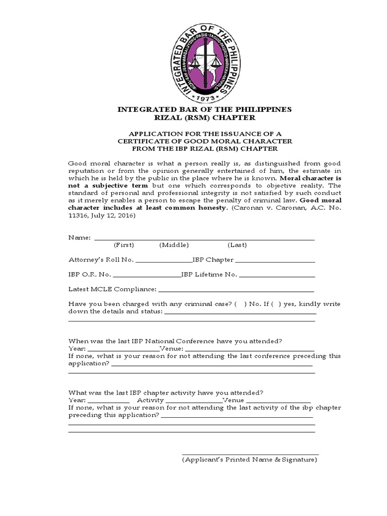 Application For Issuance of Good Moral Character (Ibp Rizal) | PDF | Social Science | Law