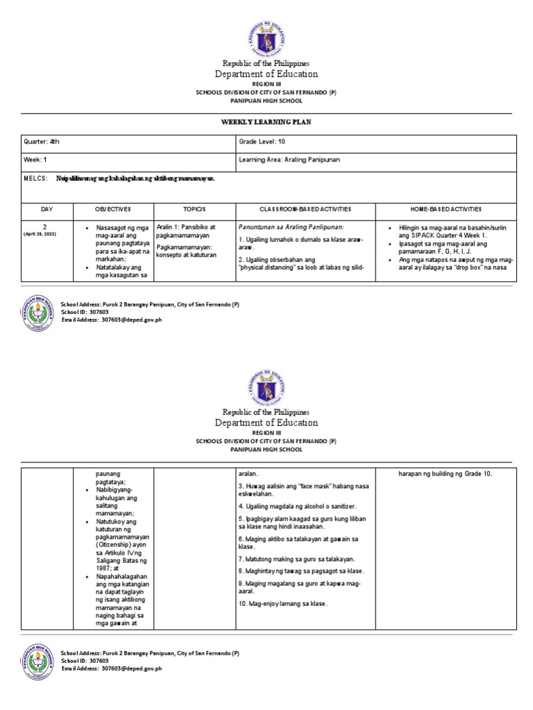 Grade 10 - WEEKLY LEARNING PLAN 4th Quarter | PDF