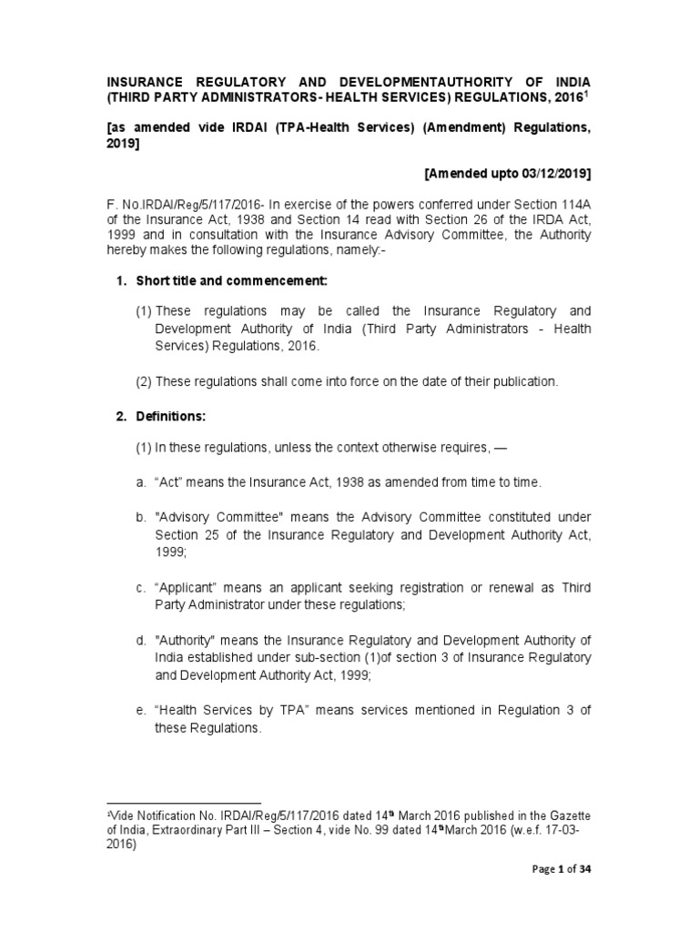 TPA Regulations by IRDAI, 2016 | PDF | Insurance | Regulation
