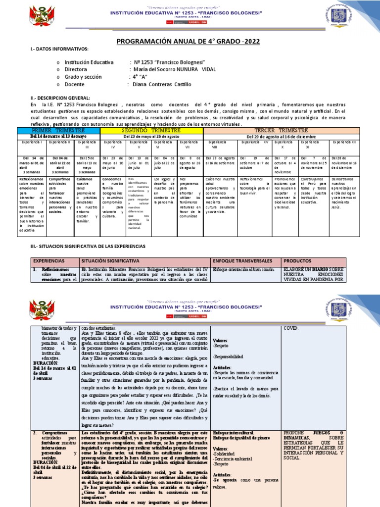 Plan de Cuarto Grado A | PDF | Aprendizaje | Perú
