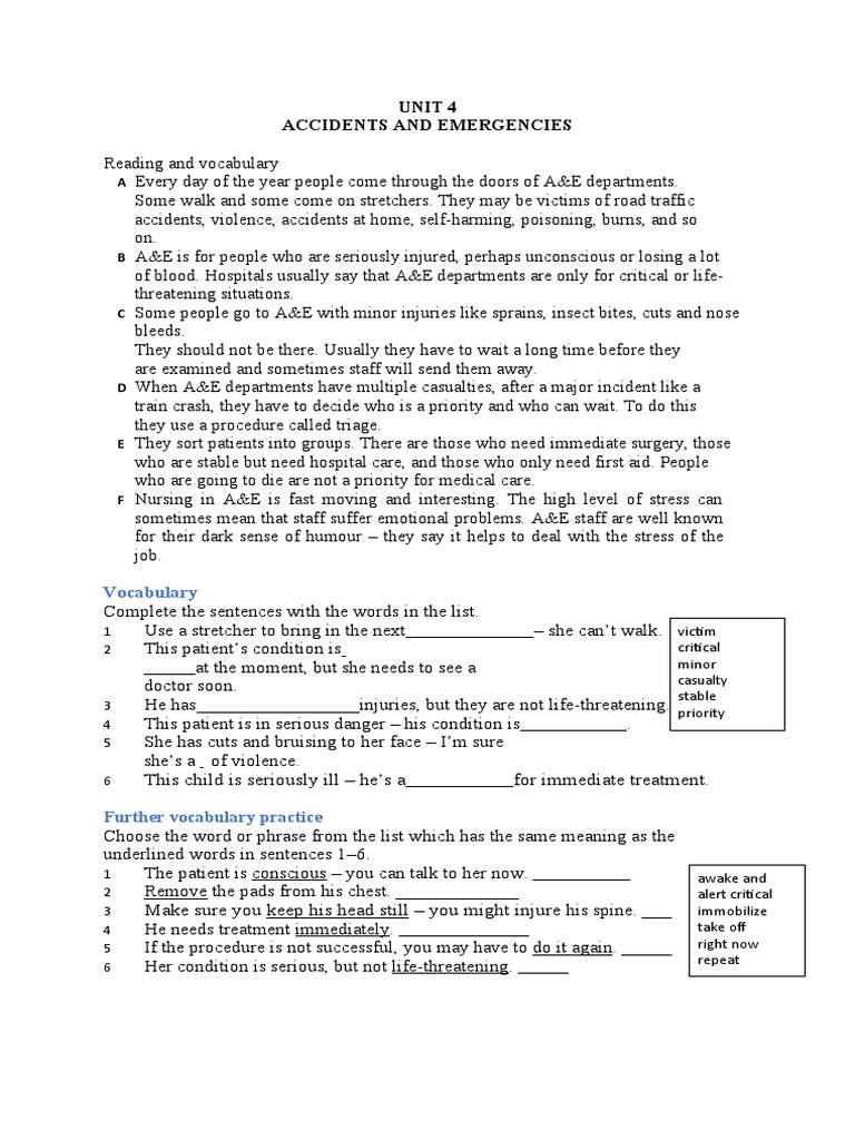 Unit 4 Accidents and Emergencies: Vocabulary | PDF | Emergency ...