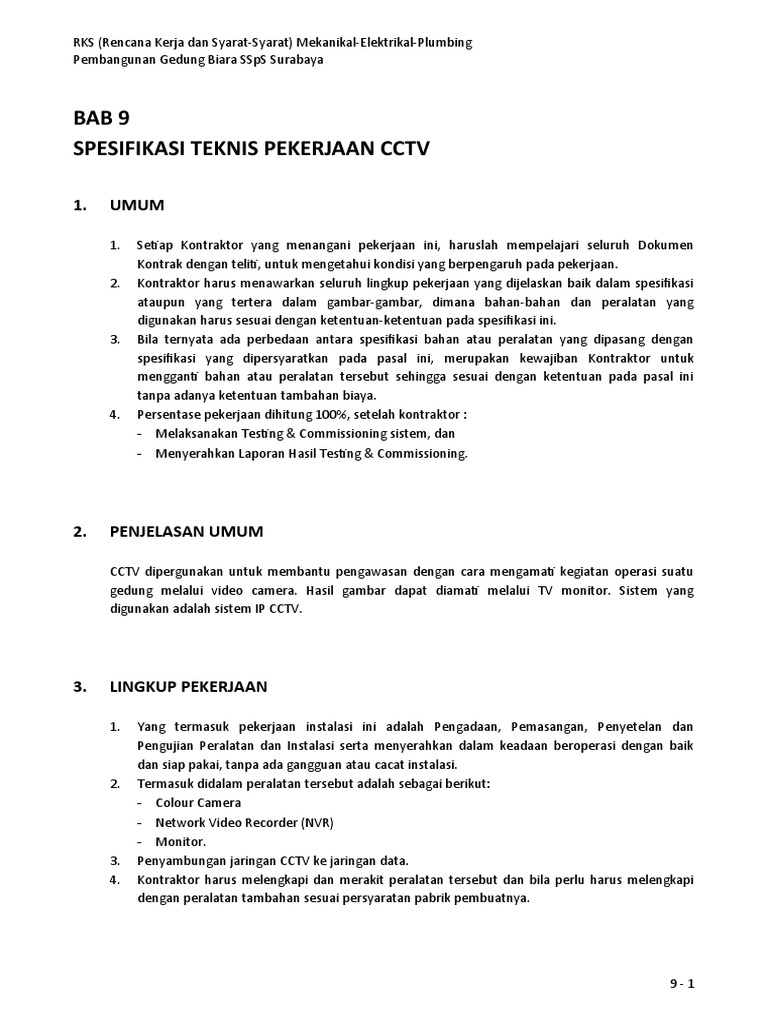 Spesifikasi Pekerjaan Instalasi CCTV | PDF