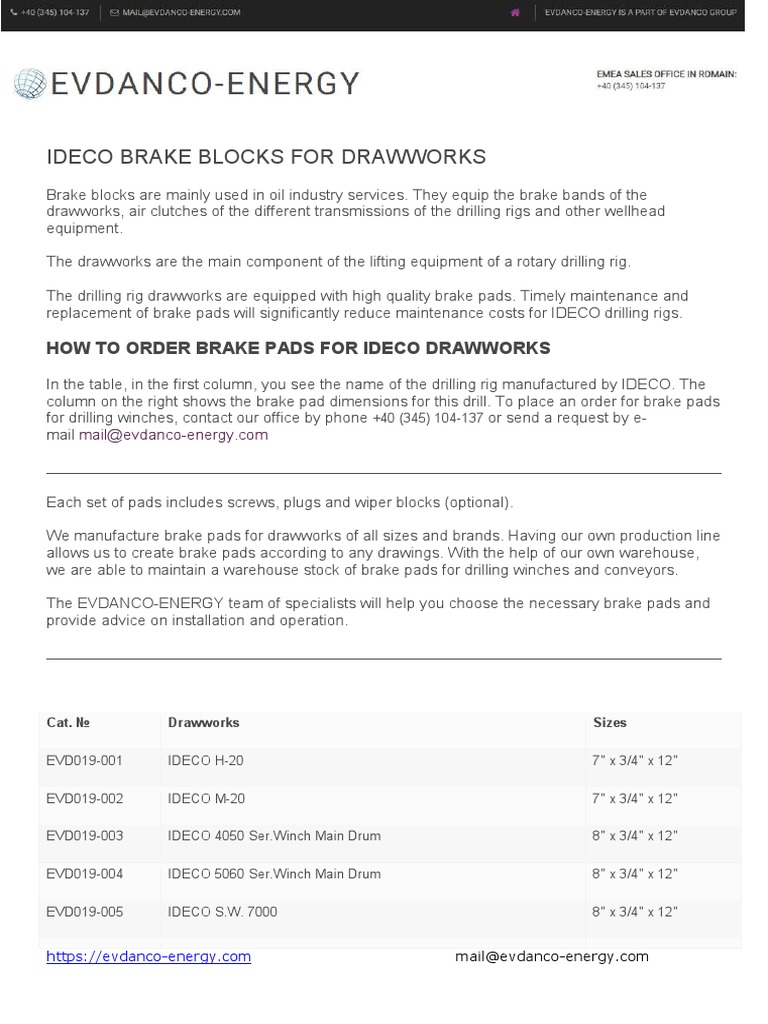 IDECO Drawworks Brake Pads Overview | PDF | Oil Well | Brake