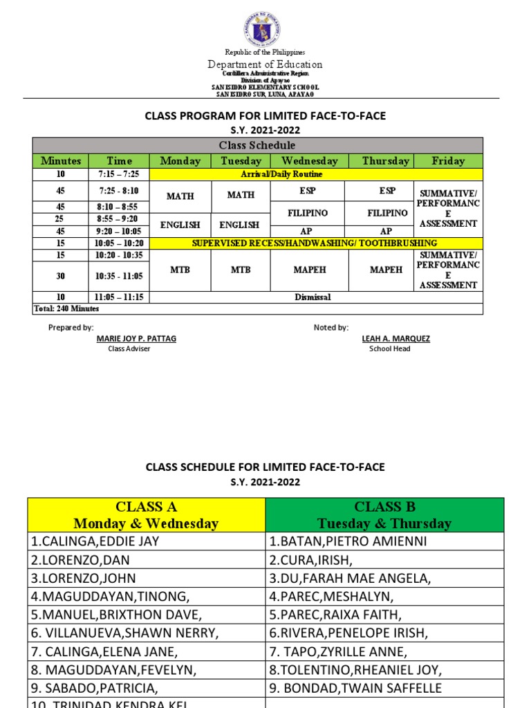 Class Program For Limited Face-To-Face | PDF
