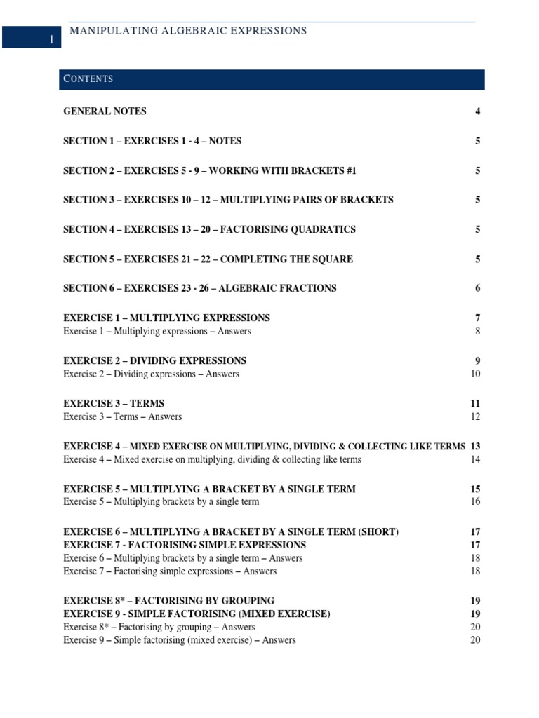 Algebraic Expressions Manipulation Guide | PDF | Factorization ...