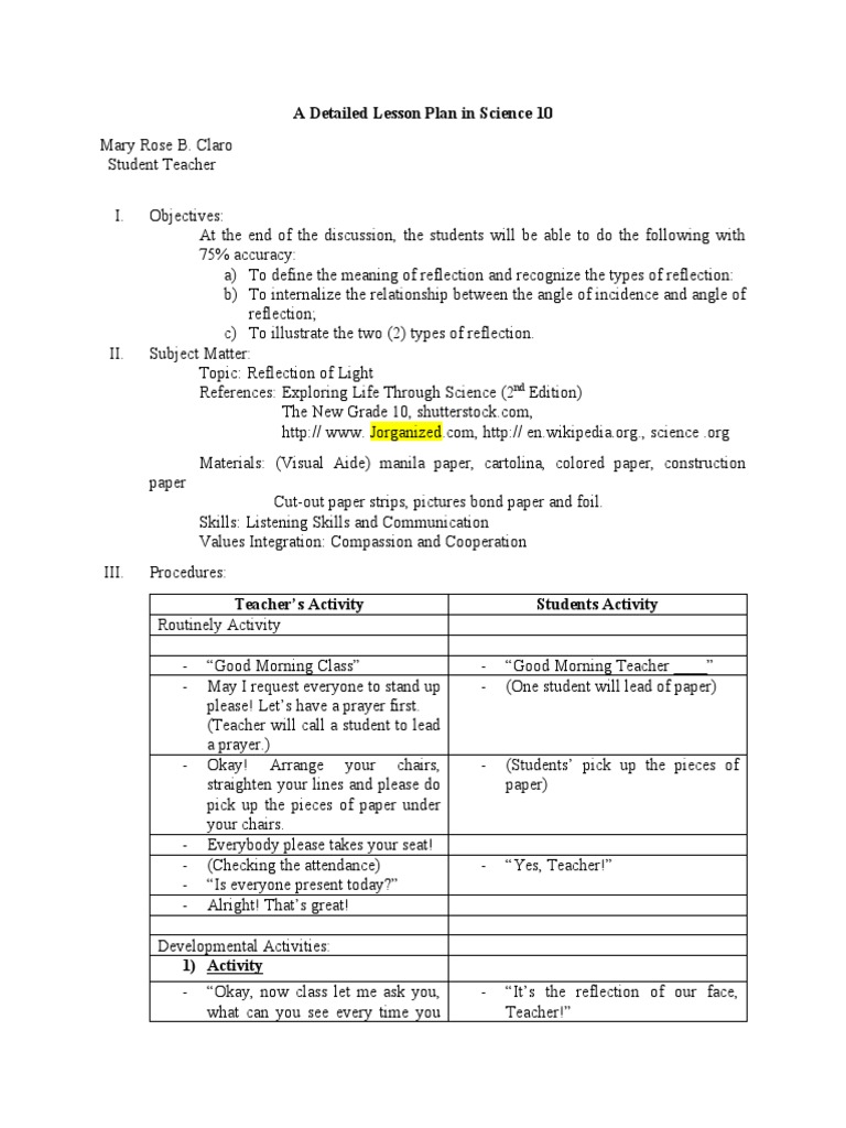 A Detailed Lesson Plan in Science 10 | PDF | Reflection (Physics) | Light