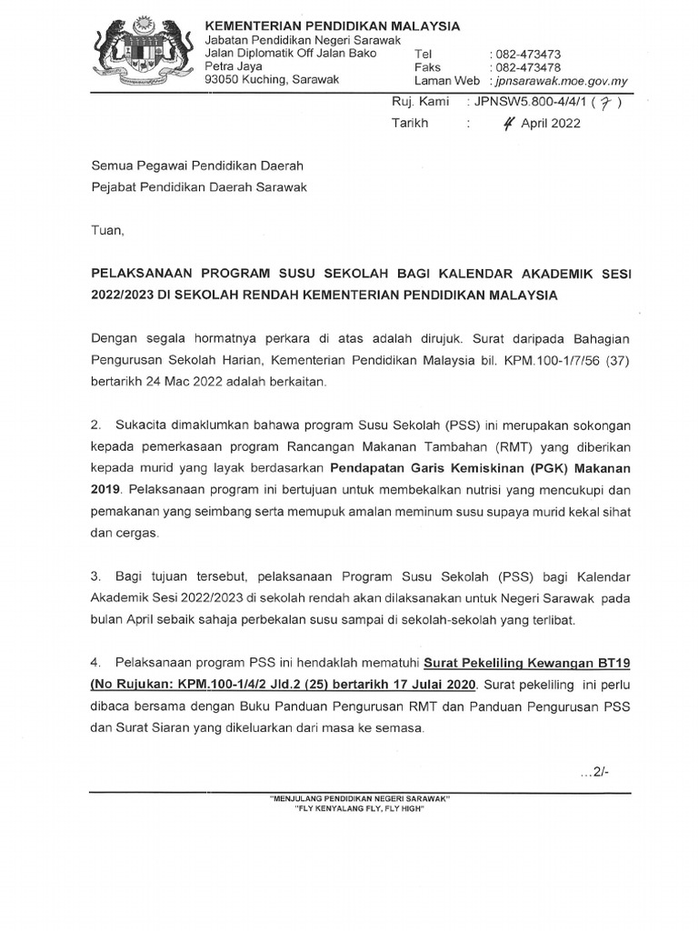 Surat Pelaksanaan Program Susu Sekolah Bagi Kalendar Akademik Sesi 2022 ...