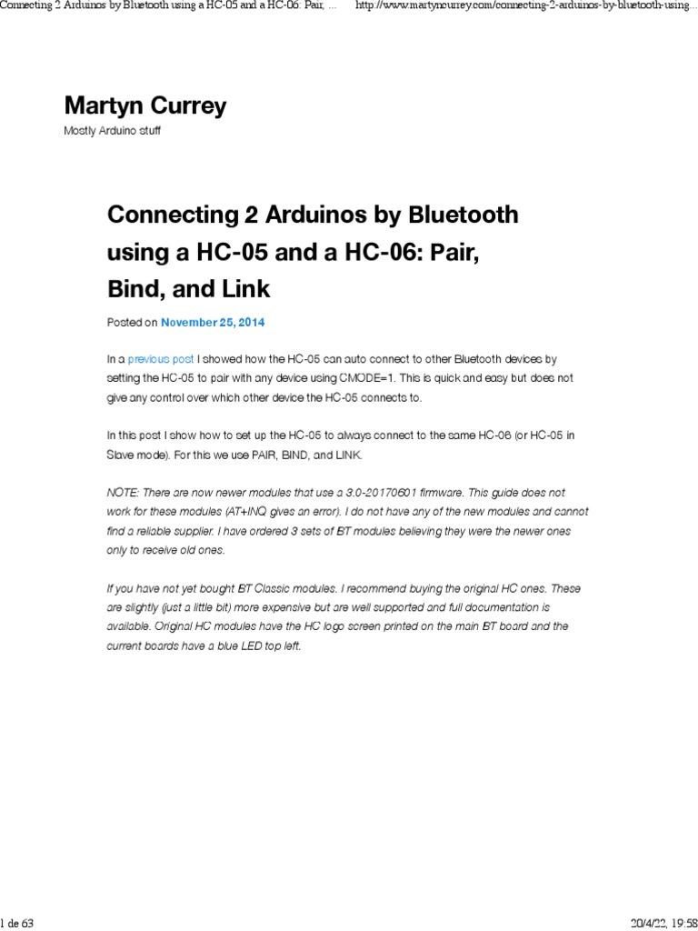 Connecting 2 Arduinos by Bluetooth Using A HC-05 and A HC-06 Pair, Bind, and Link - Martyn ...