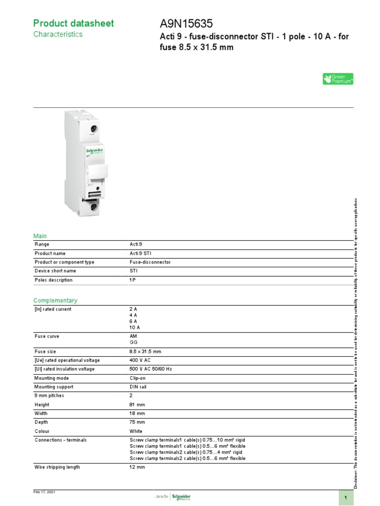 Acti9 Sti A9n15635 | PDF | Fuse (Electrical) | Equipment