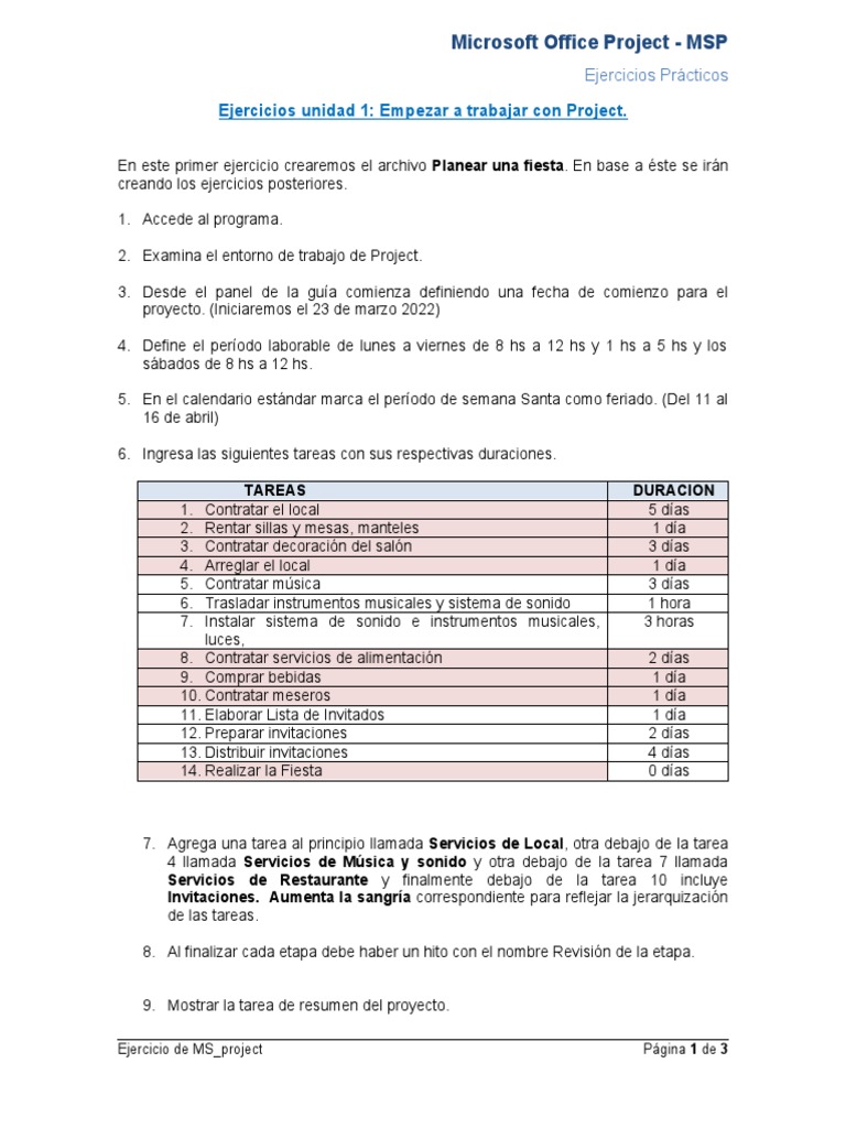 Ejercicios Project Planificación de una fiesta | PDF | Microsoft