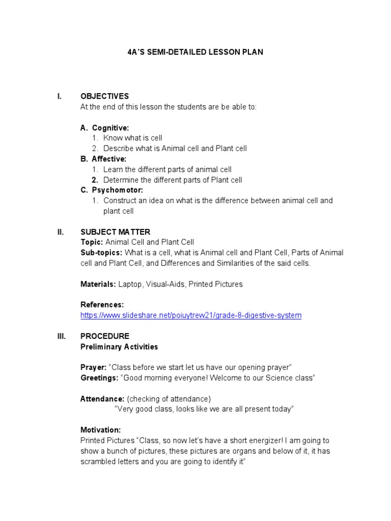 Lesson Plan ANIMAL AND PLANT CELL | PDF